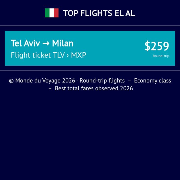 Cheap flight El Al Milan, flight ticket Milan | Monde du Voyage